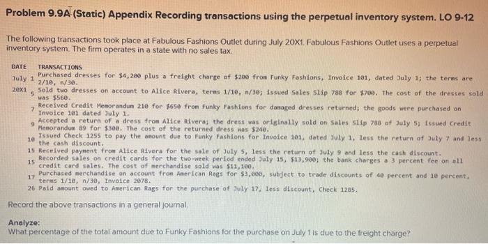 Problem 9.9A (Static) Appendix Recording transactions | Chegg.com