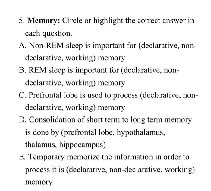Solved 5. Memory: Circle or highlight the correct answer in | Chegg.com