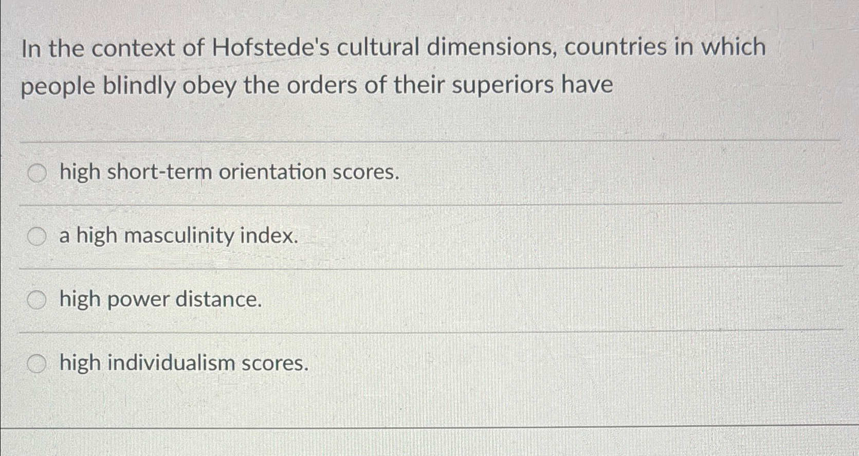 Solved In the context of Hofstede's cultural dimensions, | Chegg.com