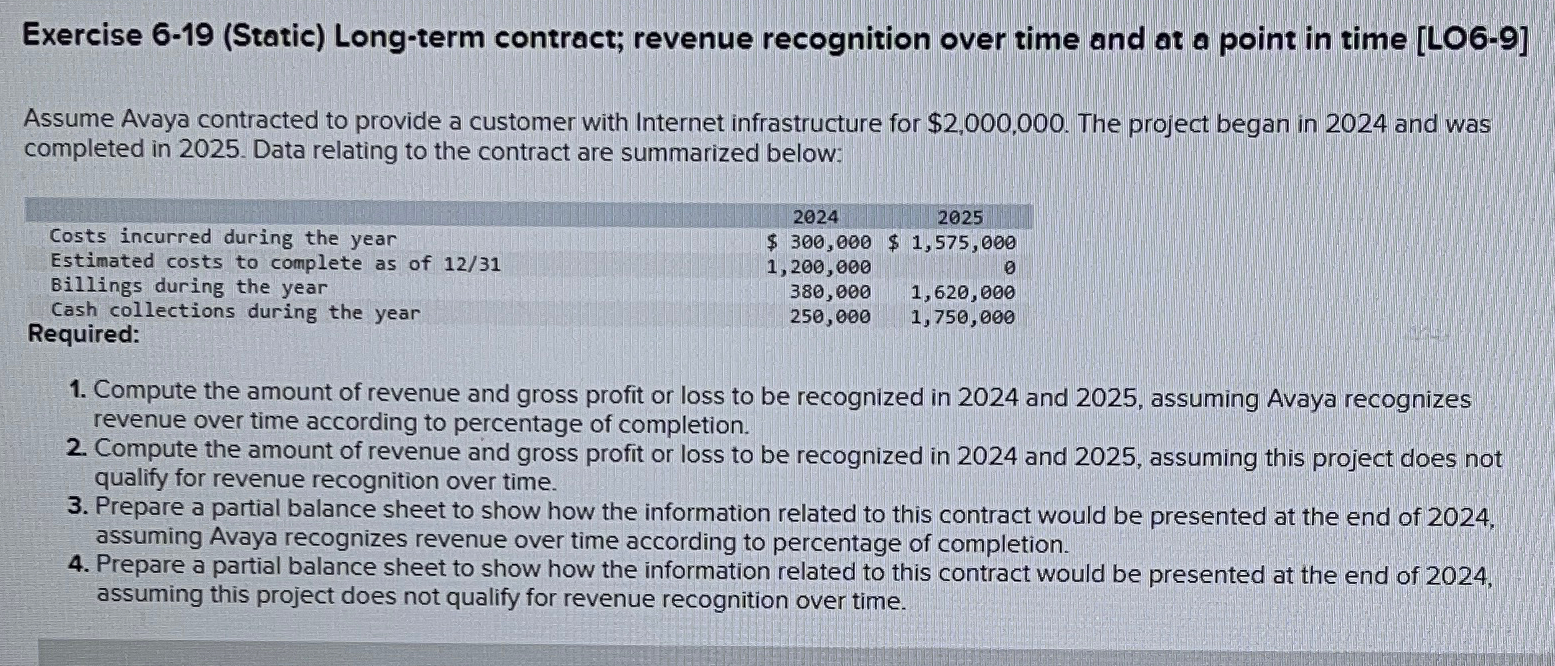 Solved Exercise 6-19 (Static) ﻿Long-term contract; revenue | Chegg.com