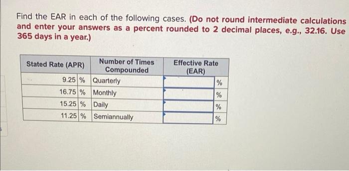 Solved Find the EAR in each of the following cases. (Do not | Chegg.com