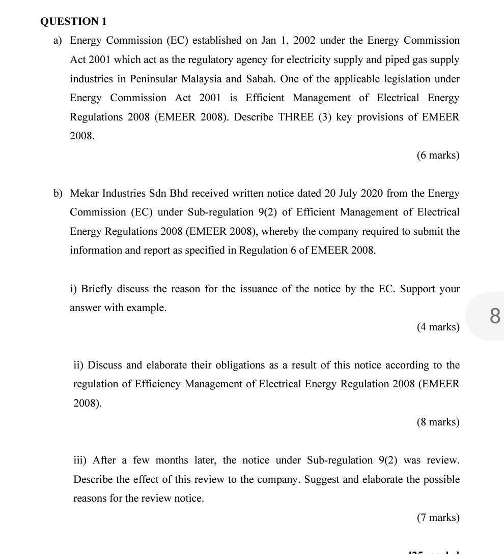 Solved QUESTION 1 a) Energy Commission (EC) established on | Chegg.com