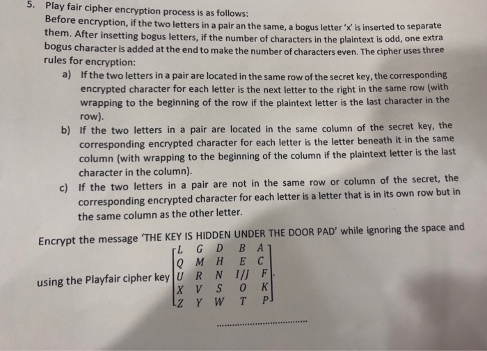 Solved 5. Play fair cipher encryption process is as follows: | Chegg.com