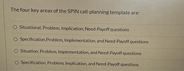 Solved The four key areas of the SPIN call-planning template | Chegg.com