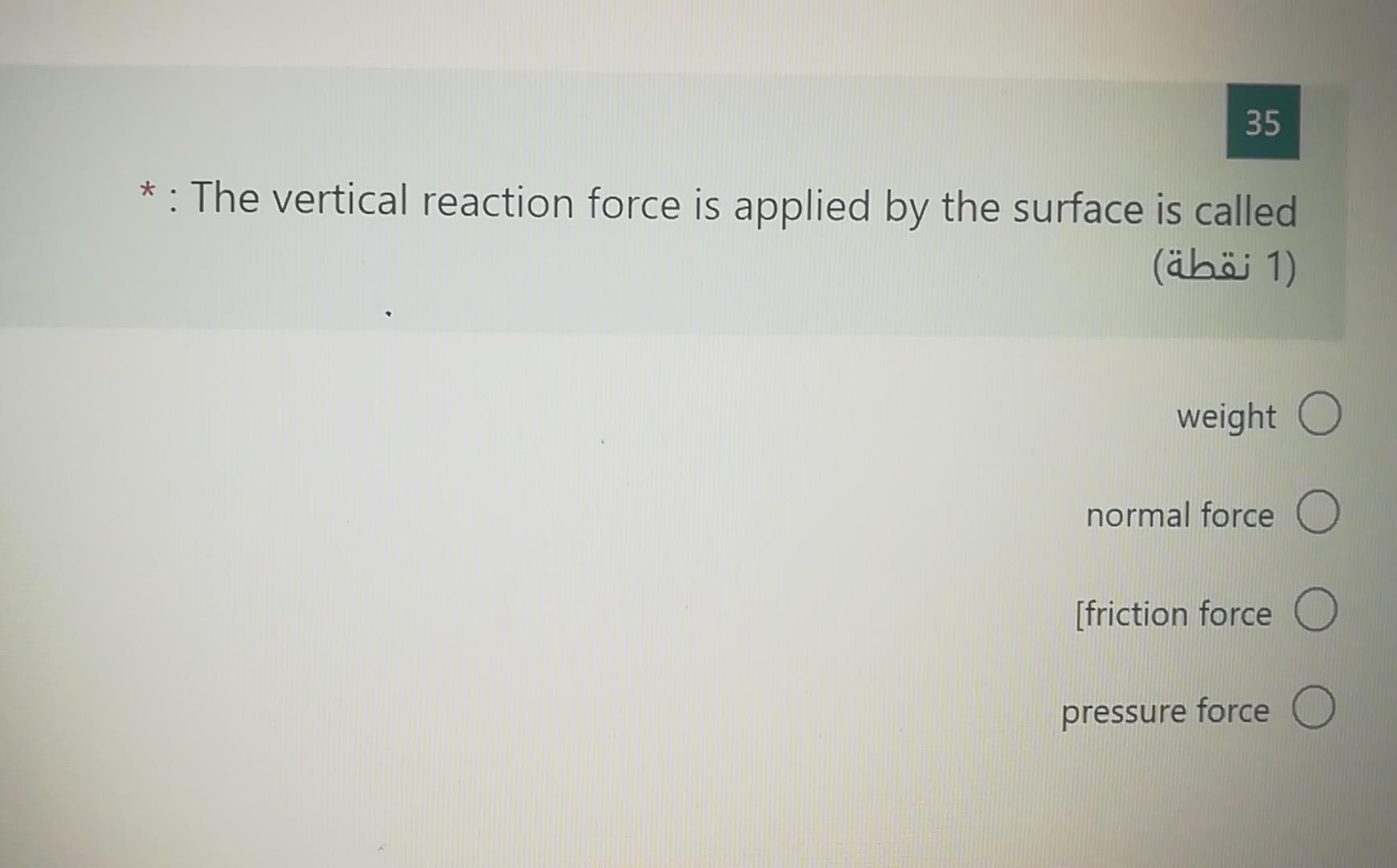 Solved 35 * : The vertical reaction force is applied by the | Chegg.com