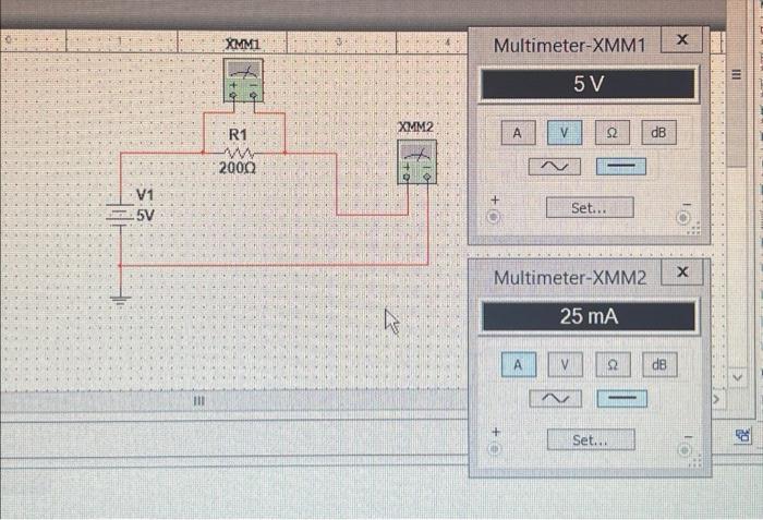 Solved XMMI х Multimeter-XMM1 NI E 5 V . XMM2 TES А V S2 dB | Chegg.com