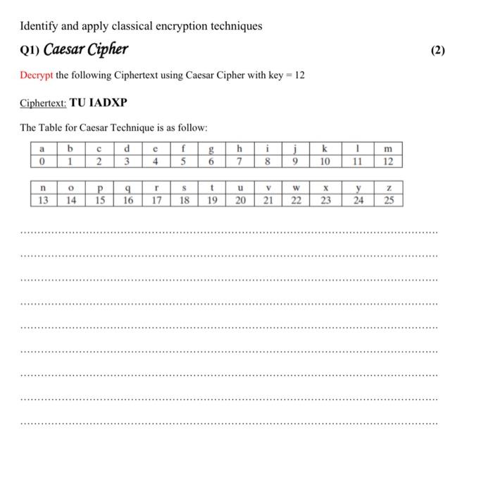 Solved Identify and apply classical encryption techniques | Chegg.com