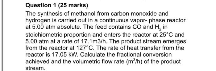 Solved Question 1 (25 marks) The synthesis of methanol from | Chegg.com