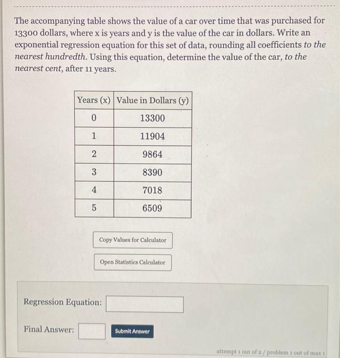 Solved The accompanying table shows the value of a car over | Chegg.com