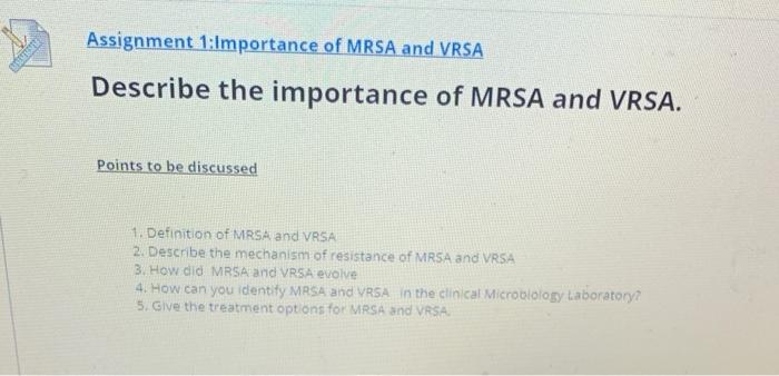 Solved Assignment 1:Importance of MRSA and VRSA Describe the | Chegg.com