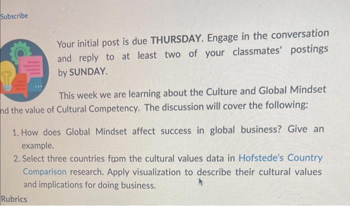Solved Subscribe Your initial post is due THURSDAY. Engage | Chegg.com