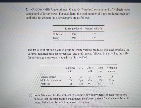 Solved 2 MUCOW (Milk Undertakings, C and O. Waterloo) owns a | Chegg.com