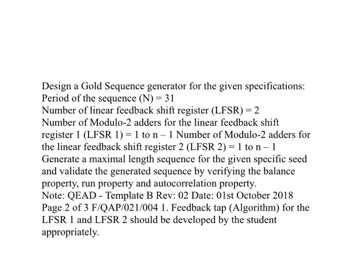 Design a Gold Sequence generator for the given | Chegg.com