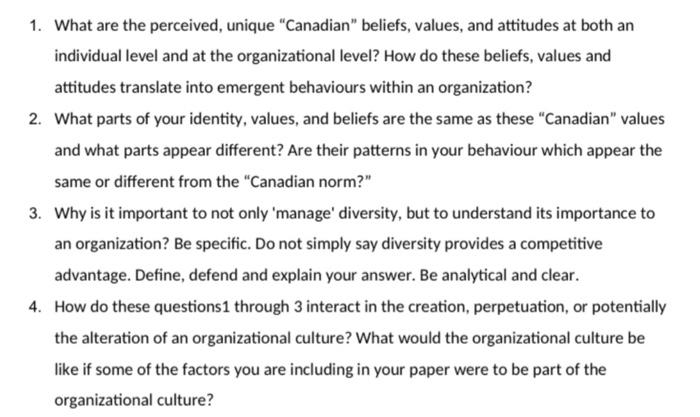 Solved 1. What are the perceived, unique "Canadian" beliefs, | Chegg.com