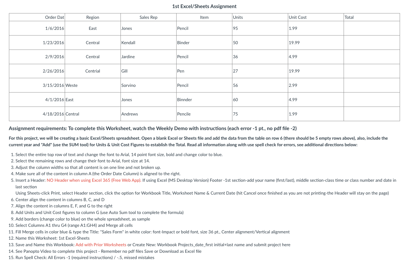 Solved 1st Excel/Sheets AssignmentAssignment requirements: | Chegg.com