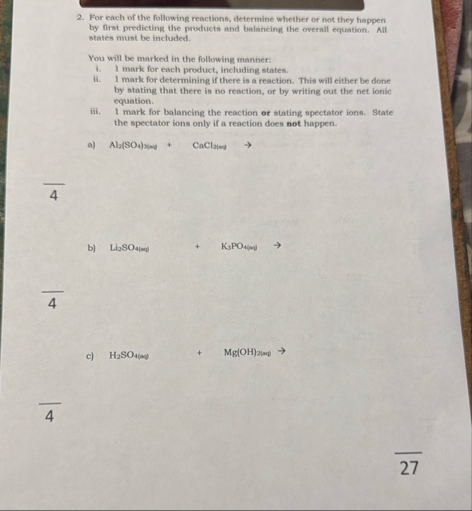 Solved For Each Of The Following Reactions Determine