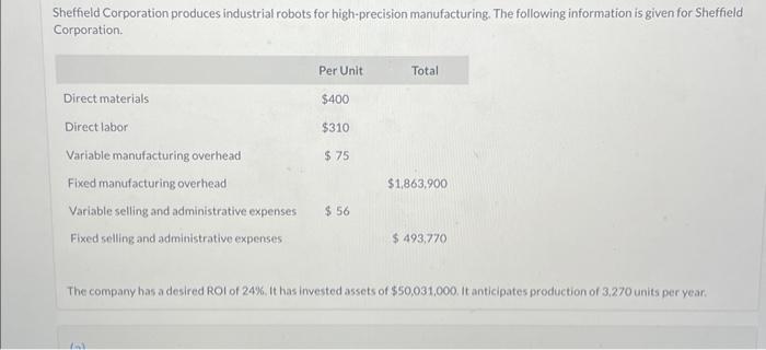 Solved Sheffield Corporation produces industrial robots for | Chegg.com