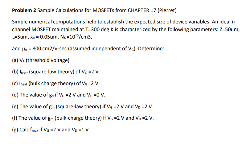 Problem 2 ﻿Sample Calculations for MOSFETs from | Chegg.com