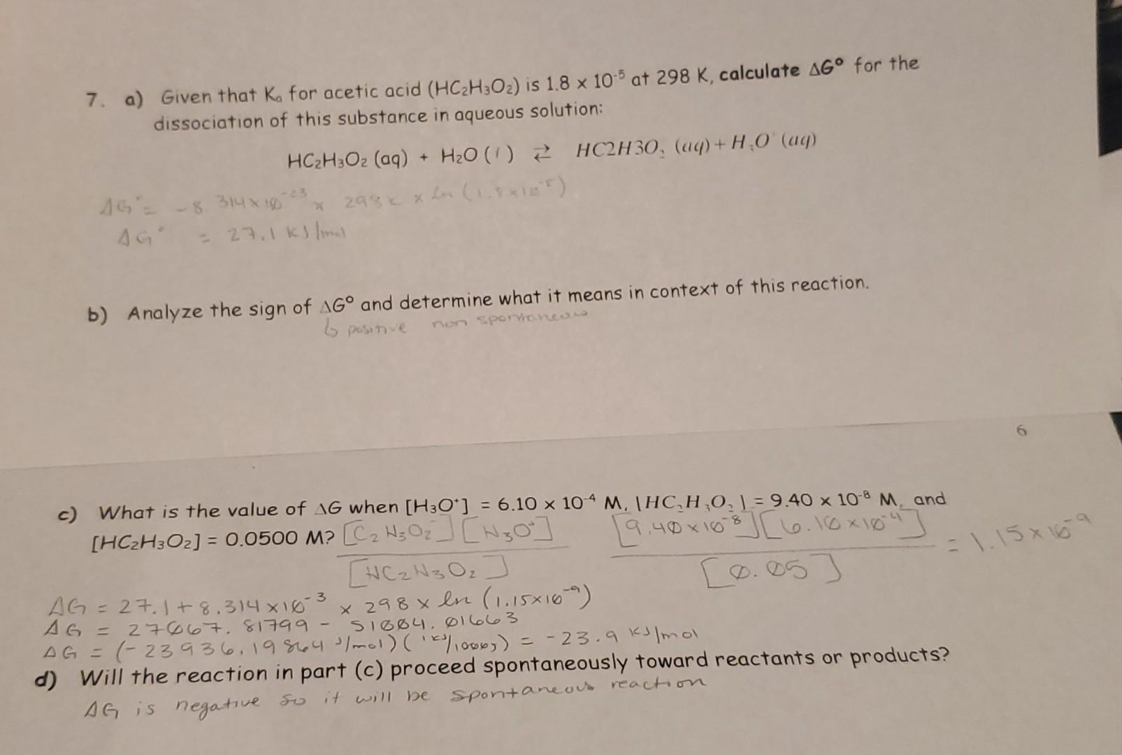 Solved 7. a) Given that Ka for acetic acid (HC2H3O2) is | Chegg.com