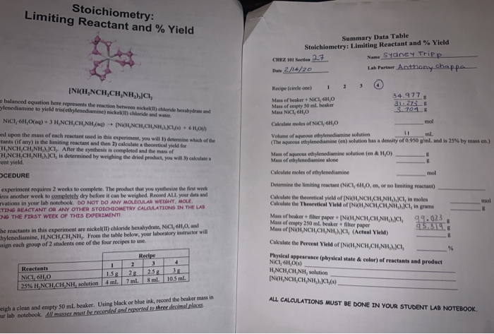 Solved Stoichiometry: Limiting Reactant and % Yield Summary | Chegg.com