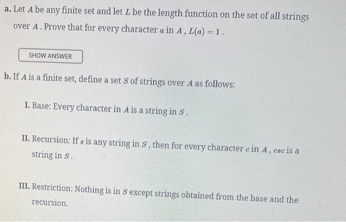 Solved a. Let A be any finite set and let L be the length | Chegg.com