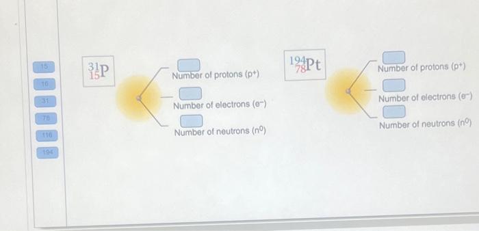 15 16 31 78 116 194 31 Number of protons (p+) Number | Chegg.com