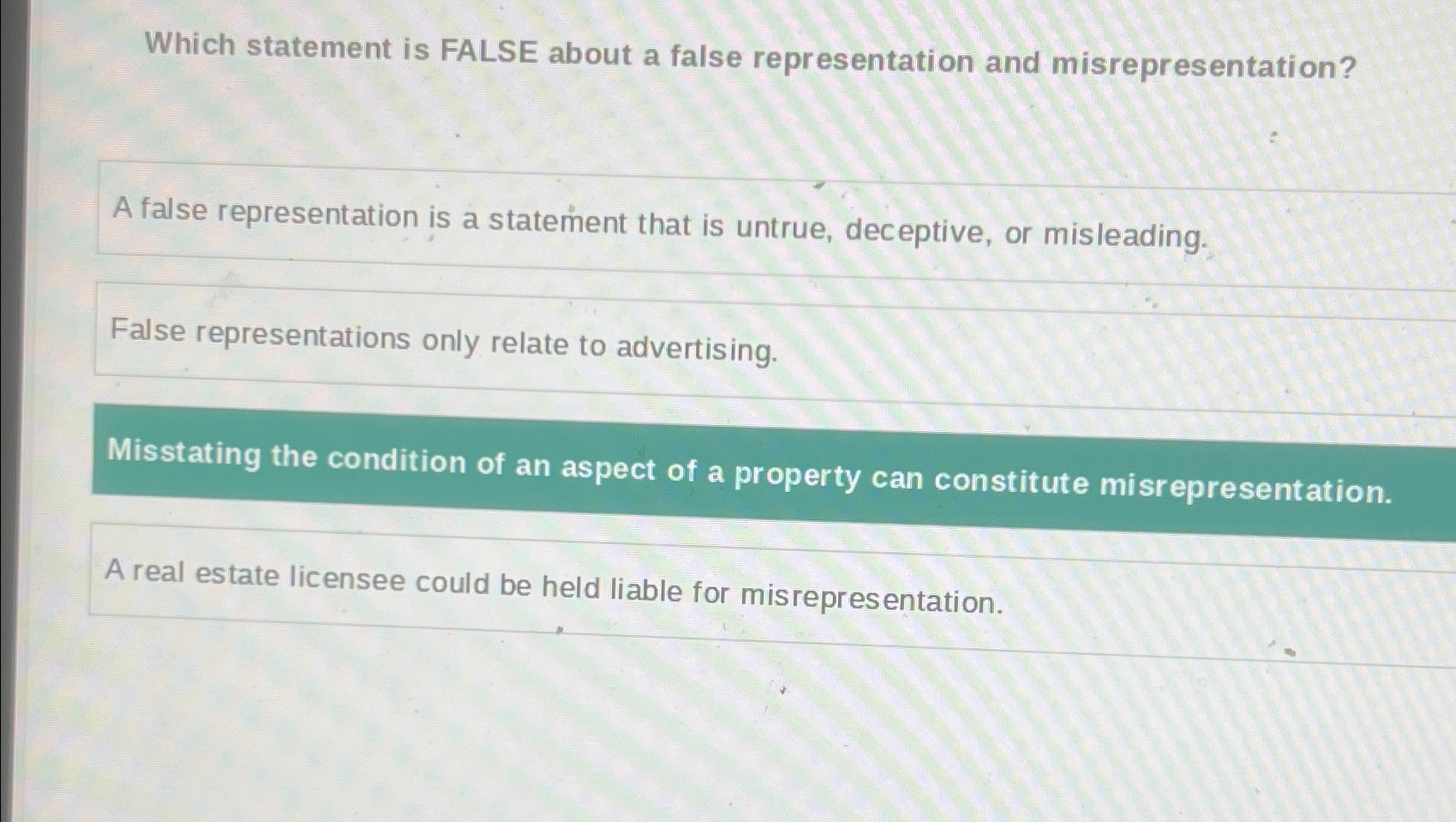 Solved Which statement is FALSE about a false representation | Chegg.com