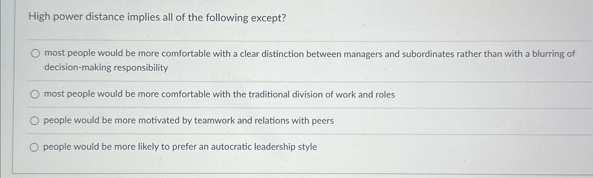 Solved High power distance implies all of the following | Chegg.com