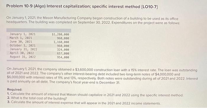 Solved Problem 10-9 (Algo) Interest capitalization; specific | Chegg.com