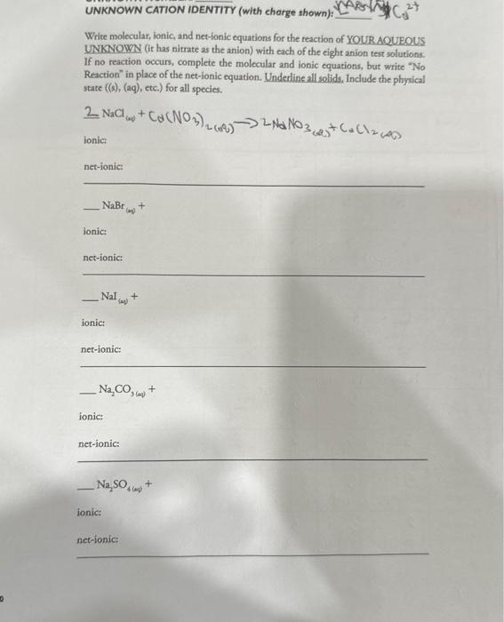 UNKNOWN CATION IDENTITY (with charge shown): Write | Chegg.com