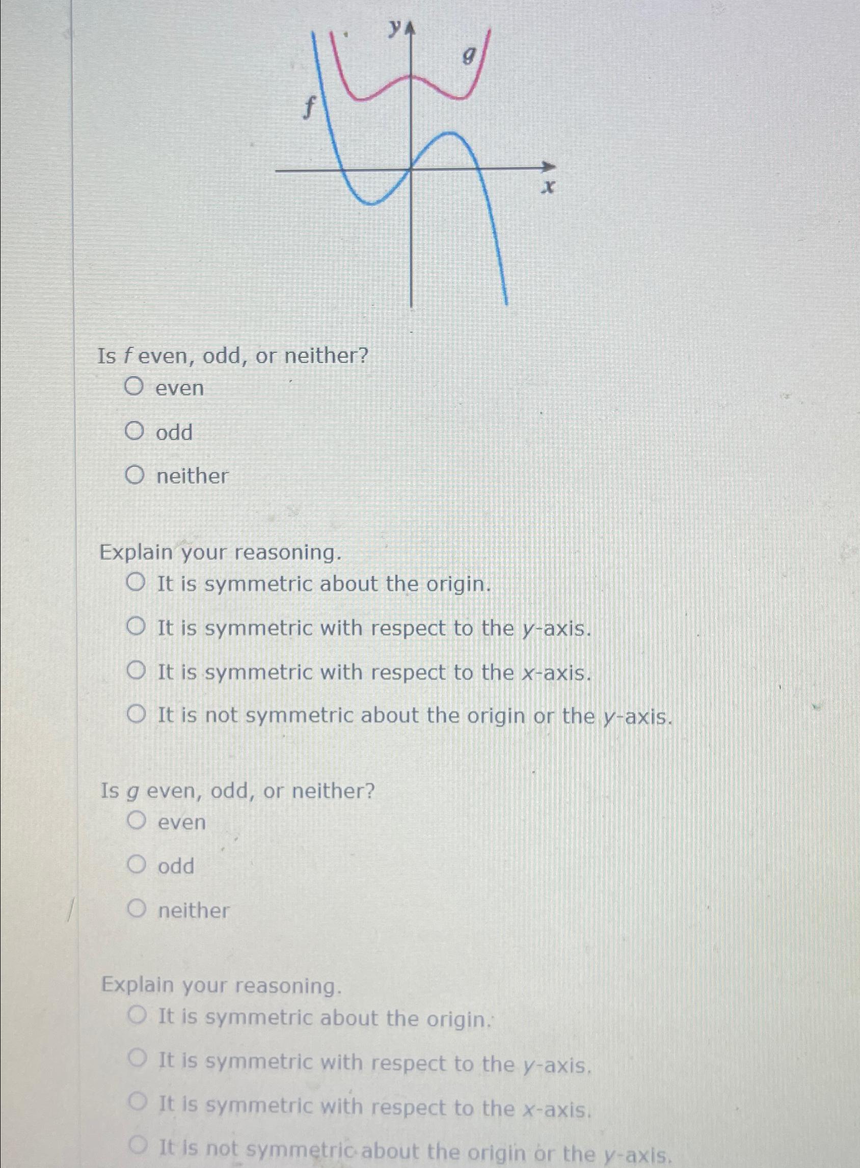 Solved Is f ﻿even, odd, or neither?evenoddneitherExplain | Chegg.com