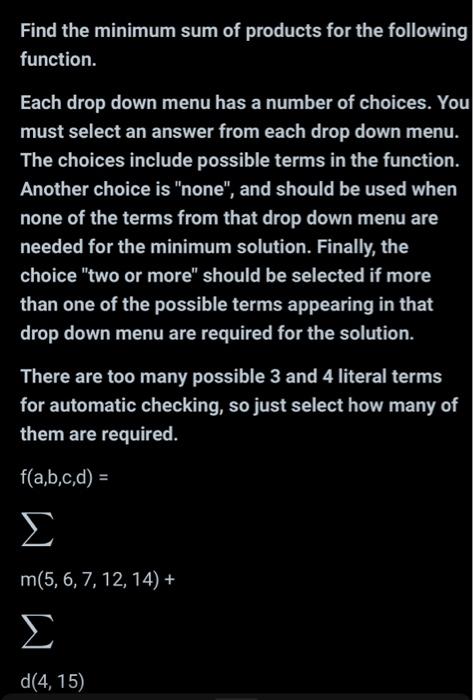 Solved Find the minimum sum of products for the following | Chegg.com