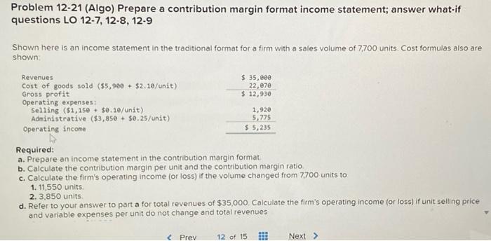 Solved Problem 12-21 (Algo) Prepare a contribution margin | Chegg.com