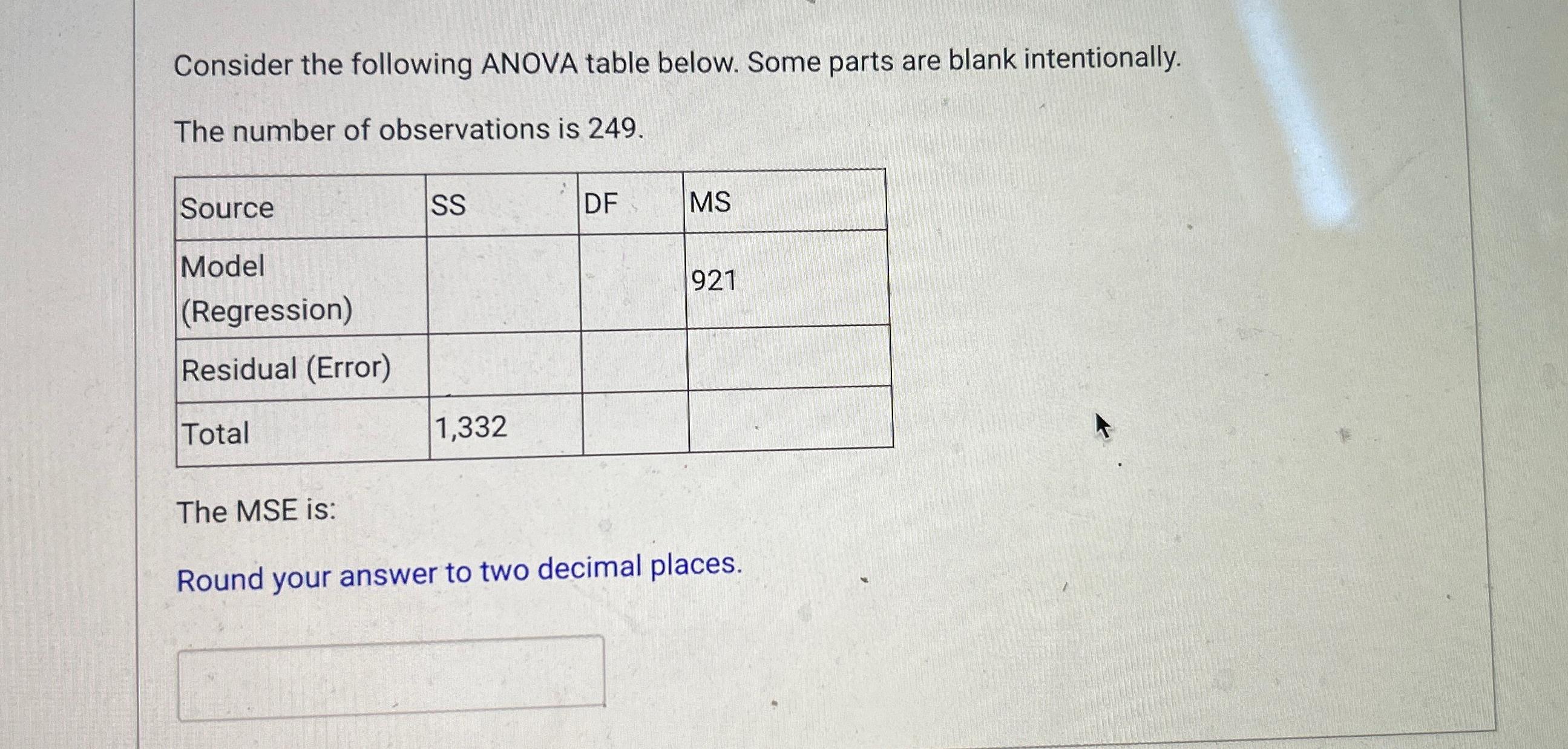 Solved Consider the following ANOVA table below. Some parts | Chegg.com