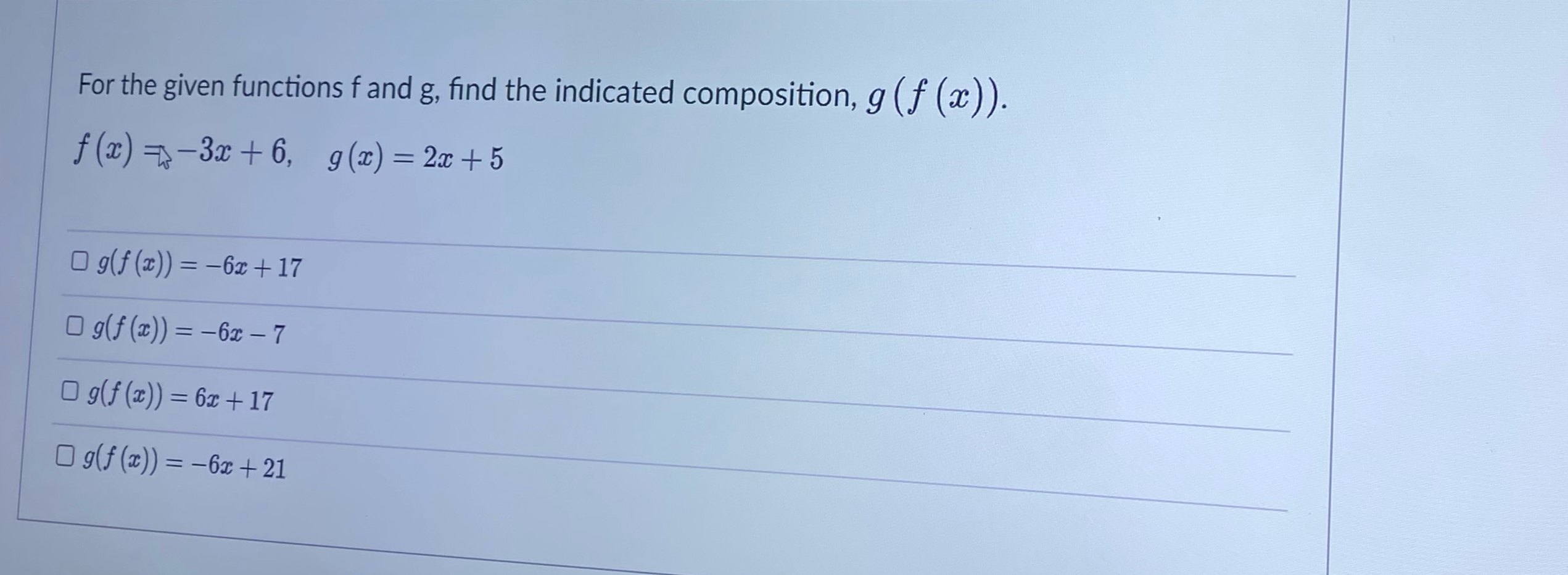 Solved For the given functions f ﻿and g, ﻿find the indicated | Chegg.com