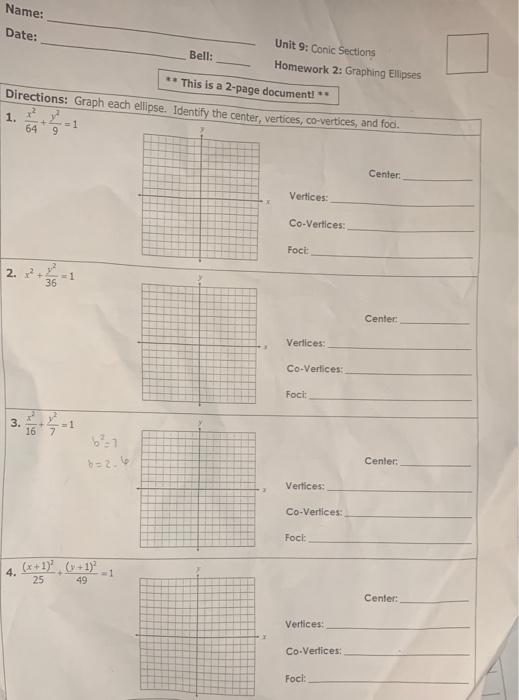 Solved Name: Date: Unit 9: Conic Sections Bell: Homework 2: | Chegg.com