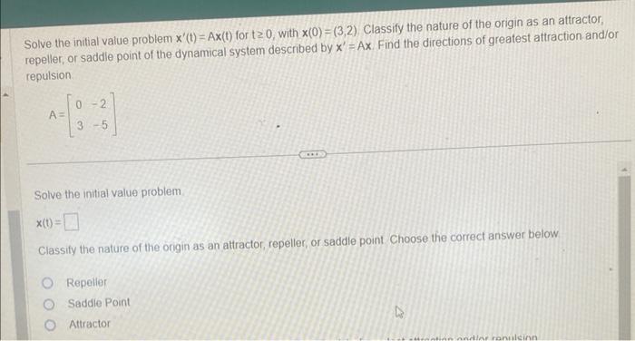 Solved Solve the initial value problem x′(t)=Ax(t) for t≥0, | Chegg.com