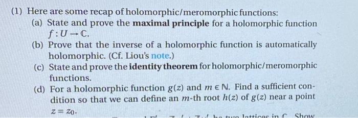 Solved (1) Here are some recap of holomorphic/meromorphic | Chegg.com