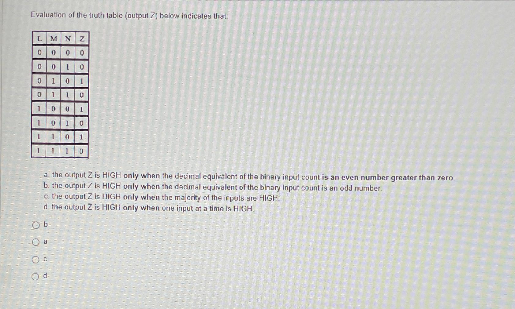Solved Evaluation of the truth table (output Z) ﻿below | Chegg.com