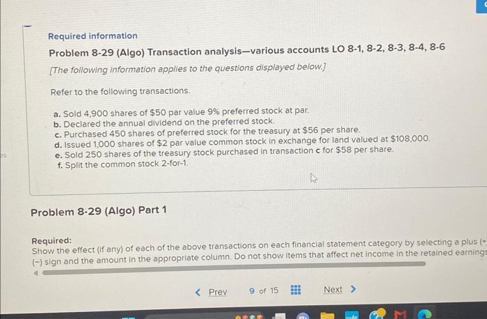 Solved Required information Problem 8-29 (Algo) Transaction | Chegg.com