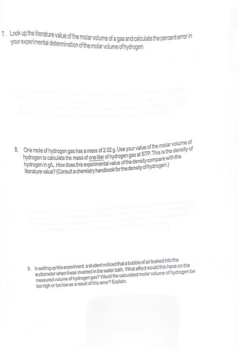 Experiment 13: Molar Volume of Hydrogen Prelab | Chegg.com