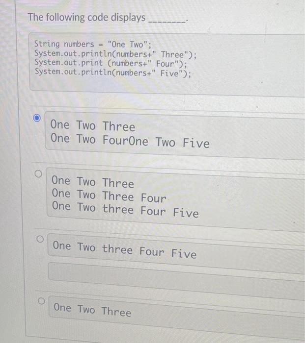 Solved String numbers = "One Two"; System. | Chegg.com
