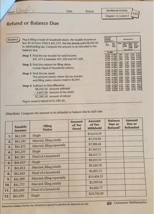 Solved dide Name Date Period Refund or Balance Due EXAMPLE | Chegg.com