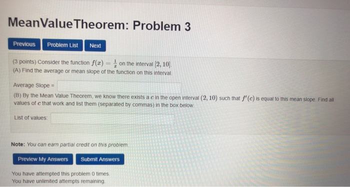 Solved Mean Value Theorem: Problem Previous Problem List | Chegg.com