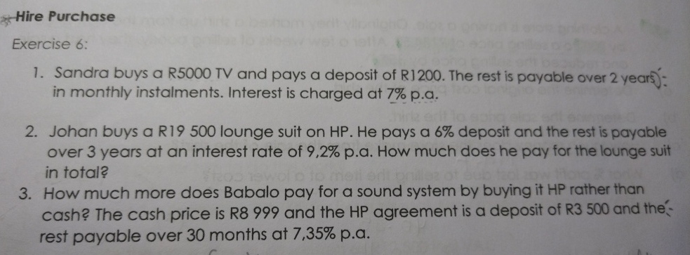 Solved Hire PurchaseExercise 6:Sandra buys a R5000 ﻿TV and | Chegg.com