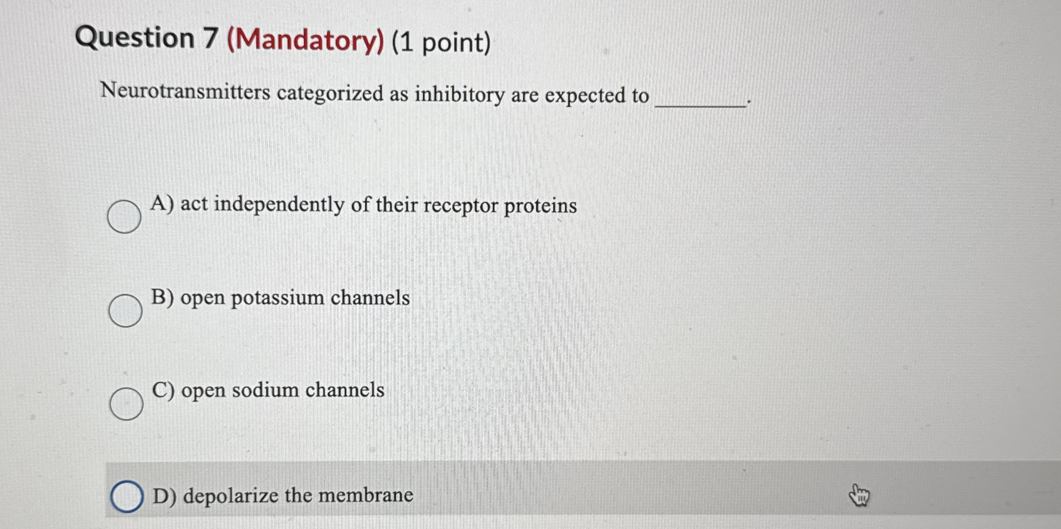 Solved Question 7 (Mandatory) (1 ﻿point)Neurotransmitters | Chegg.com