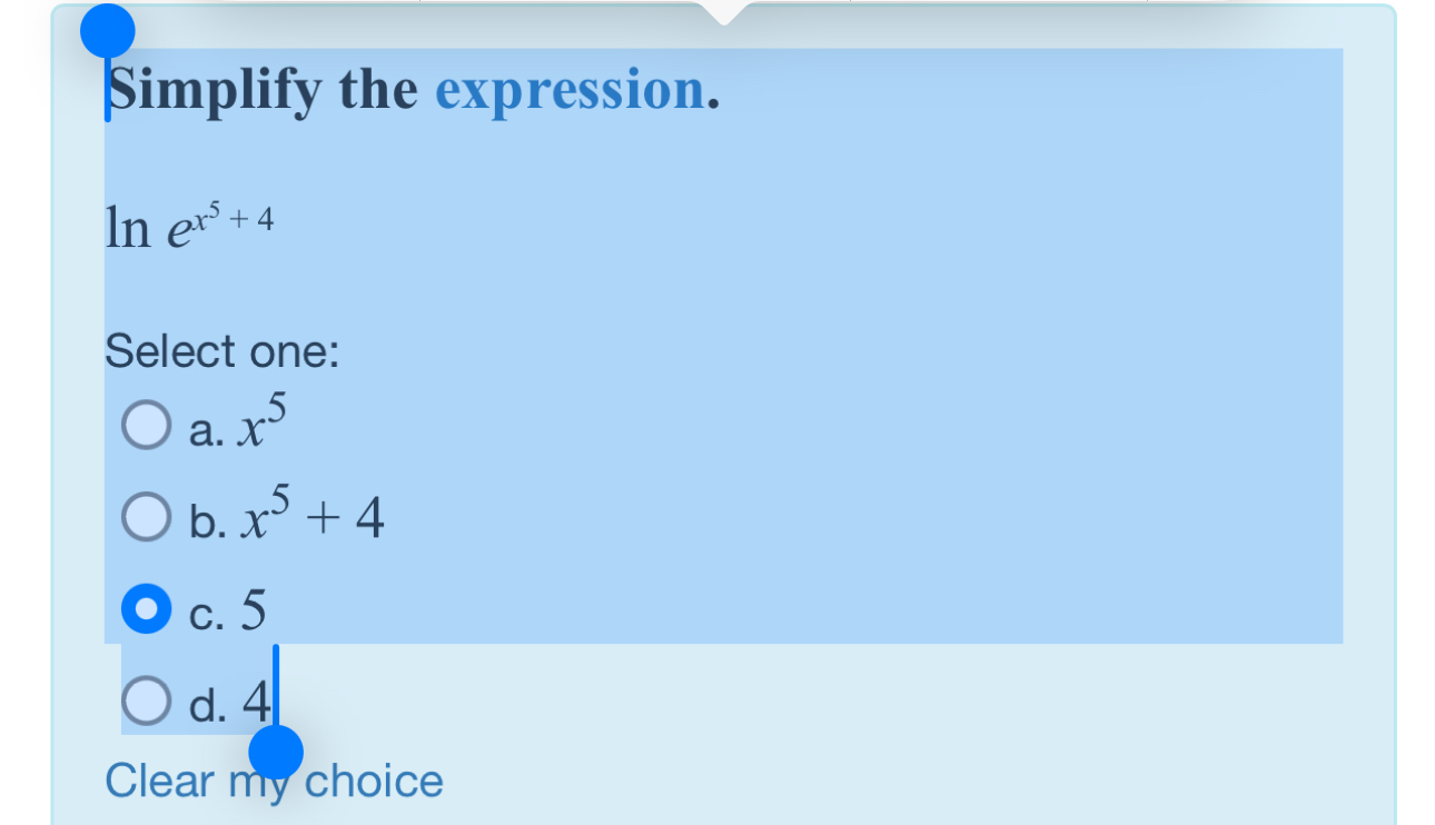 Solved Simplify the expression.lnex5+4Select | Chegg.com