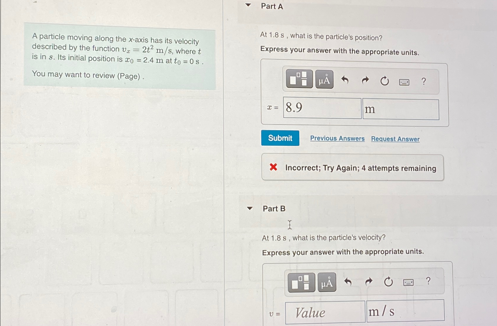 Solved Part AA particle moving along the x-axis has its | Chegg.com
