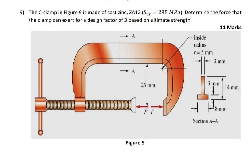 Solved 9) The C-clamp in Figure 9 is made of cast zinc, ZA12 | Chegg.com