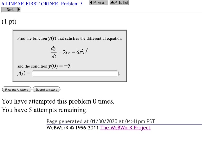 Solved Previous Prob. List 6 LINEAR FIRST ORDER: Problem 5 | Chegg.com